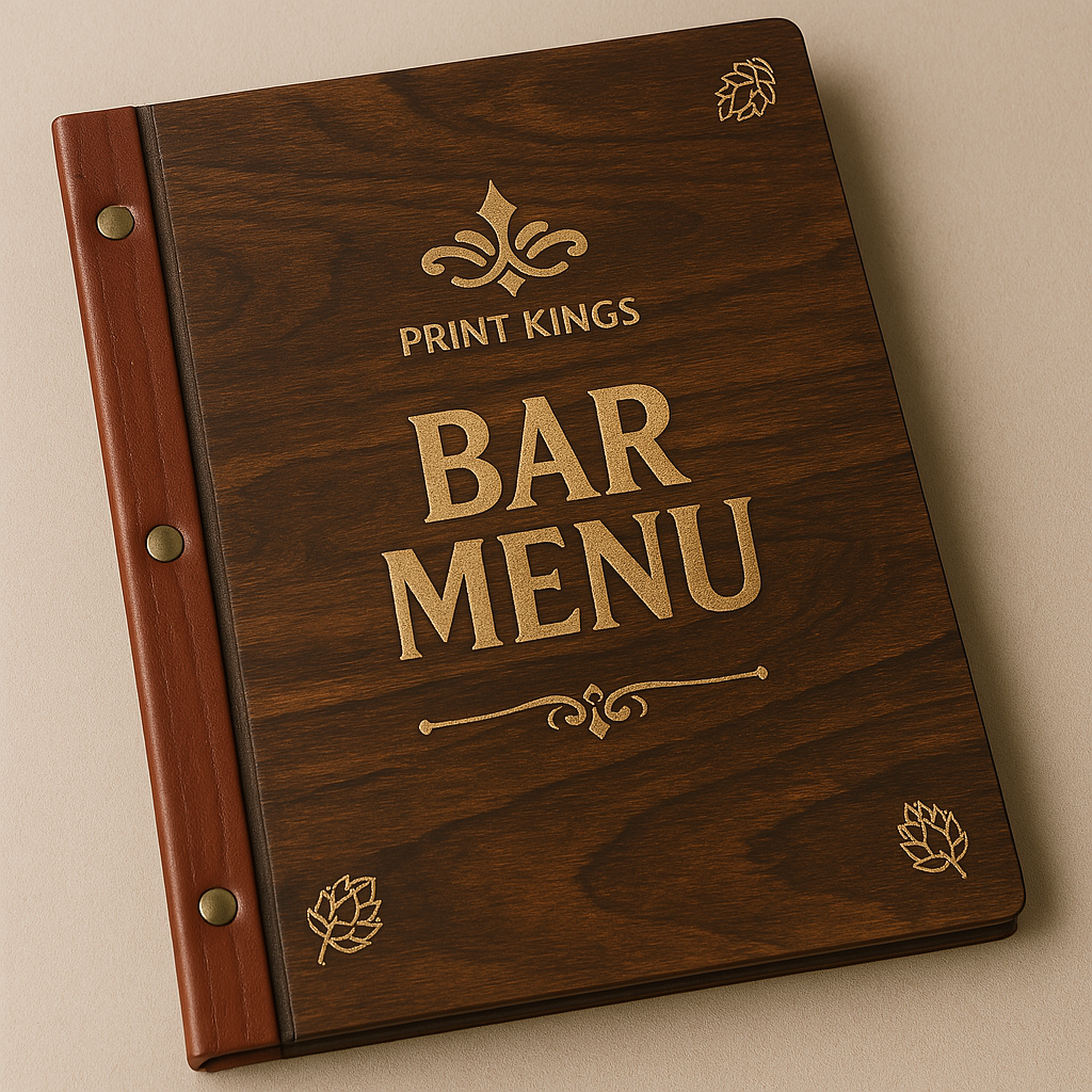 Engraved Wooden Screwbound Menu - printkings.com